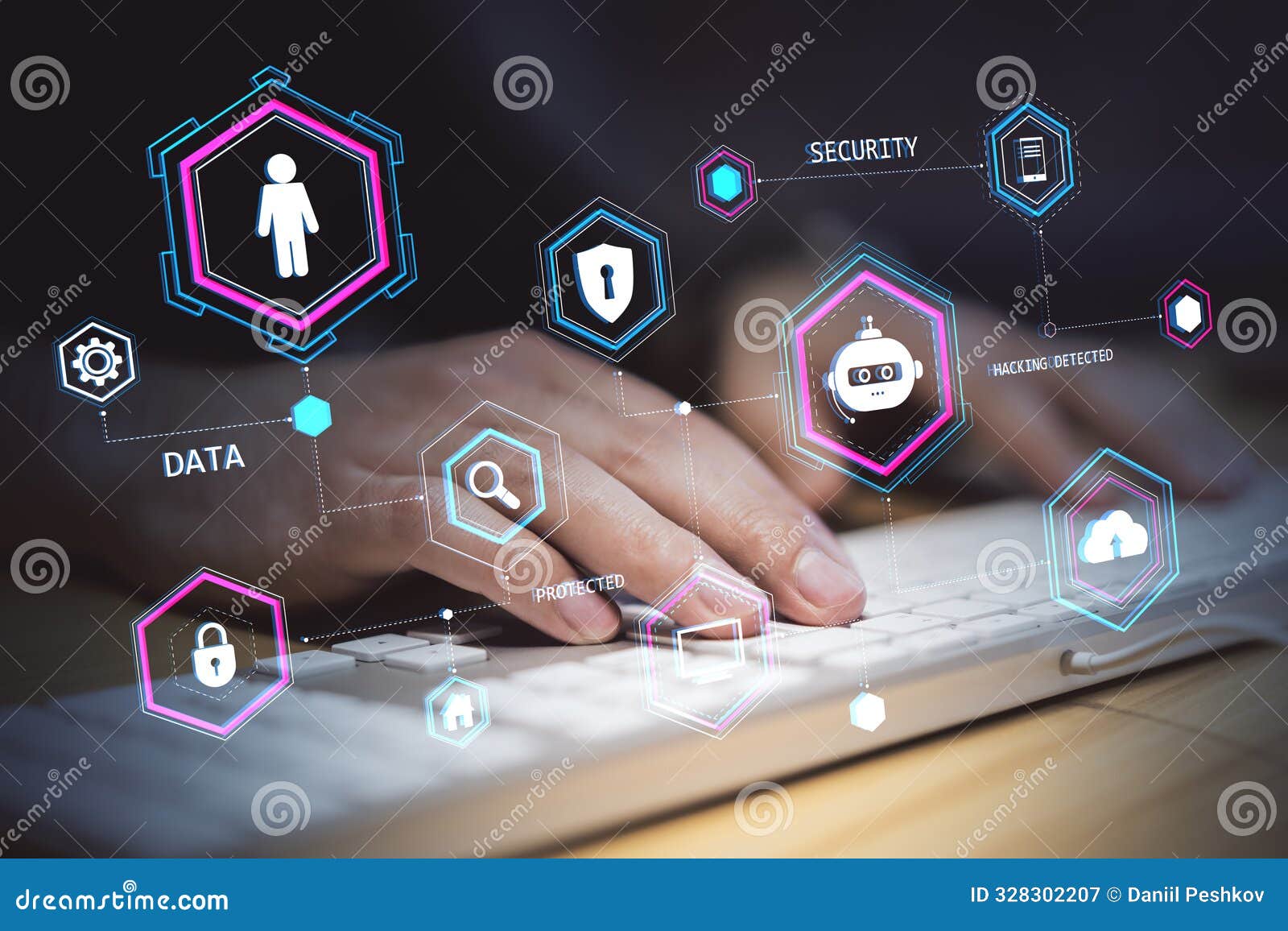Hands Typing on Keyboard with Holographic Security Icons on Dark ...