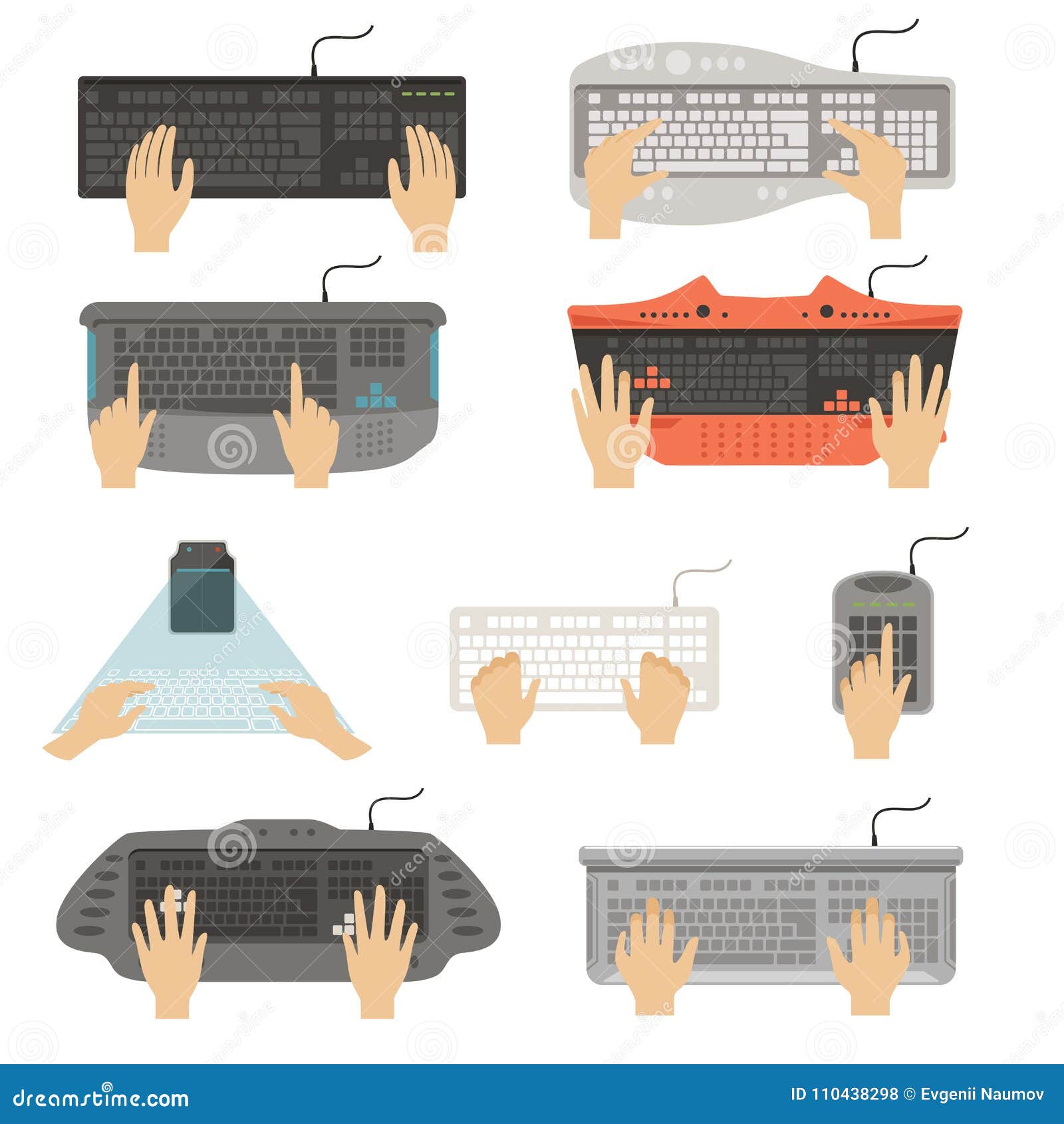Hands Typing on Keyboard Set, Different Types of Computer Console Top ...