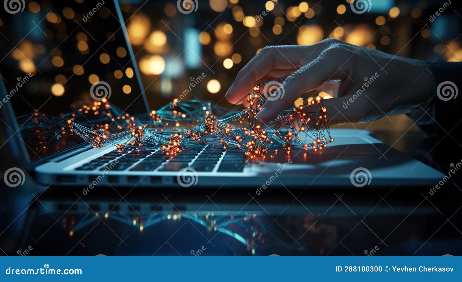 Hands Typing on a Laptop with Blue Dots on an Screen. Geometric ...