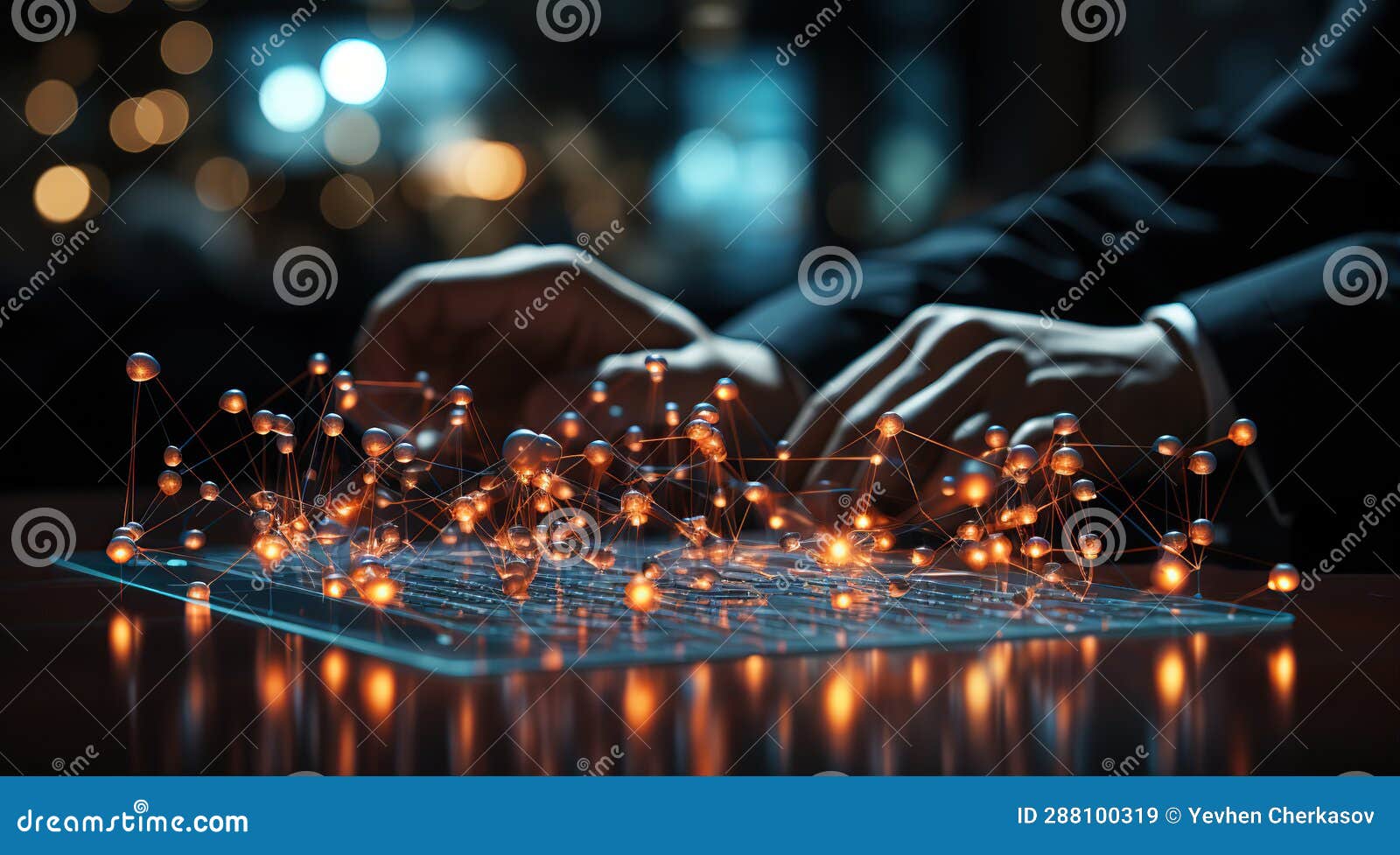 Hands Typing on a Laptop with Blue Dots on an Screen. Geometric ...
