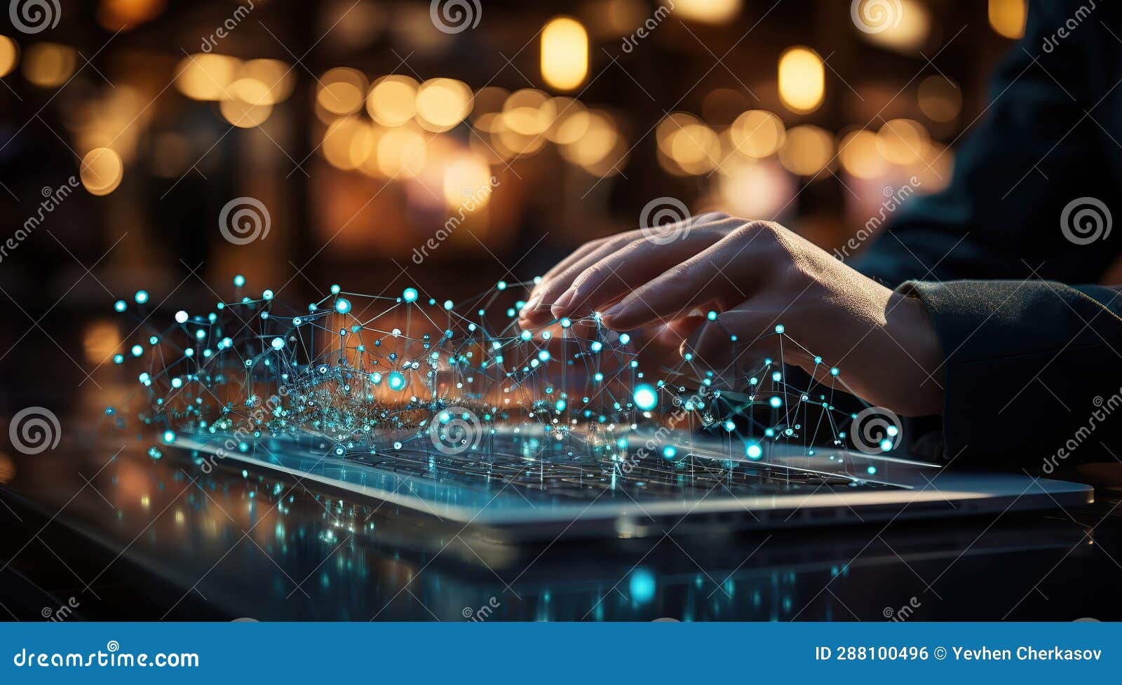 Hands Typing on a Laptop with Blue Dots on an Screen. Geometric ...