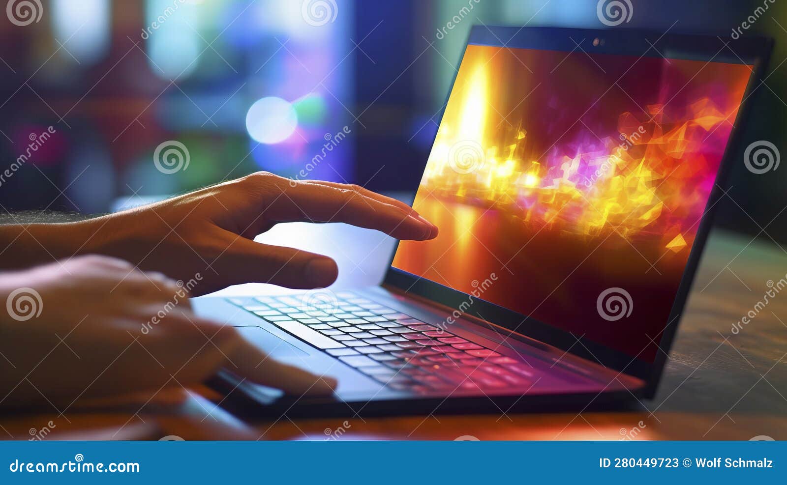 Hands Typing on a Laptop with a Bright Fire on the Screen. Generative ...