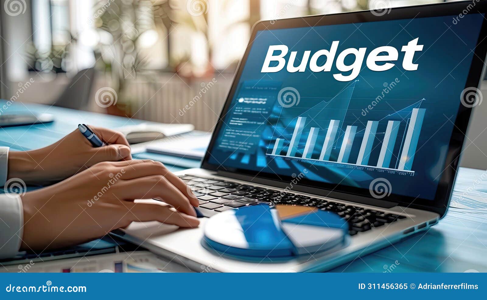 Hands Typing on Laptop with Budget Graph on Screen. Stock Illustration ...