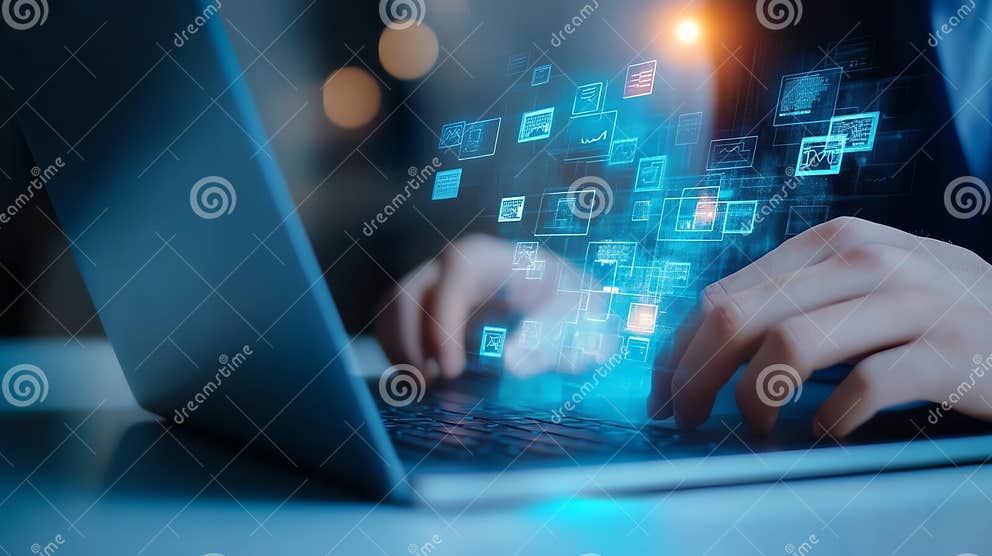 Hands Typing on Laptop with Digital Interface, Modern Workspace, High-tech Environment Stock ...