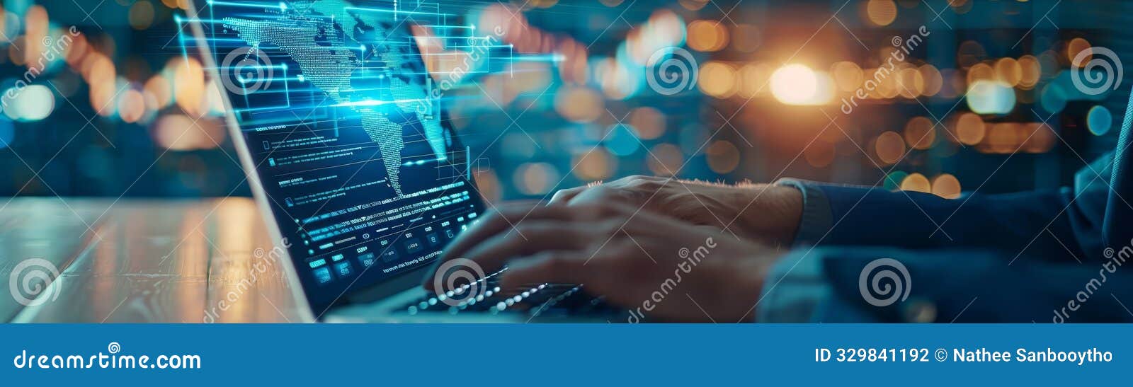 Hands Typing on Laptop with Digital World Map Stock Illustration - Illustration of globalization ...