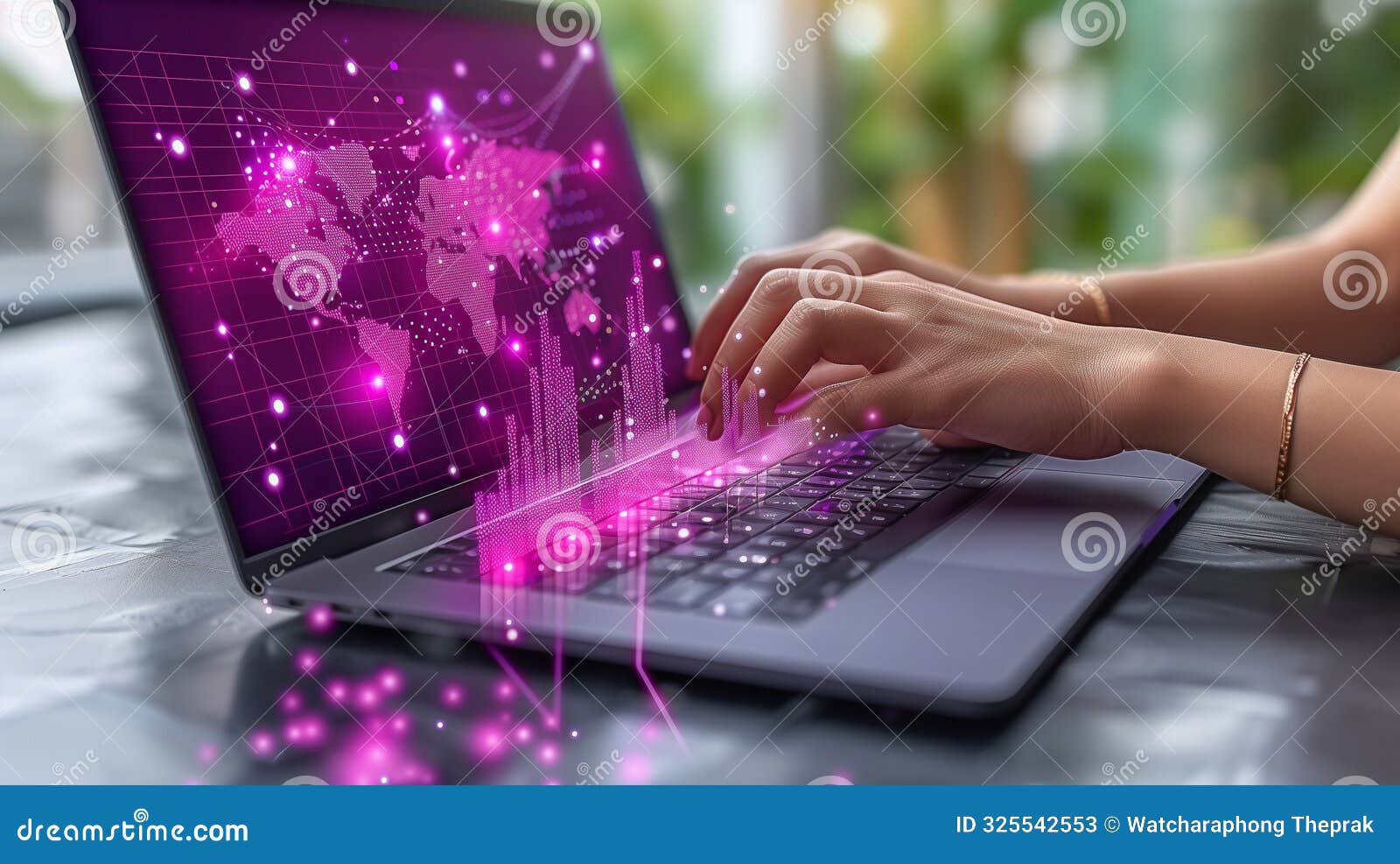 Hands Typing on Laptop with Digital World Map Overlay Stock ...