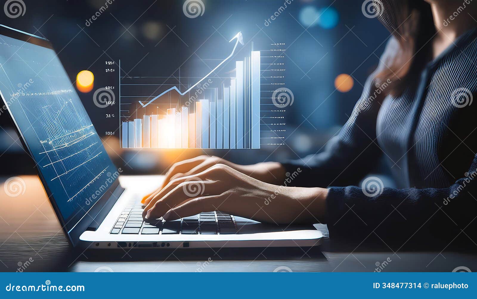 Hands Typing on Laptop, Graph Showing Upward Direction, Growth ...