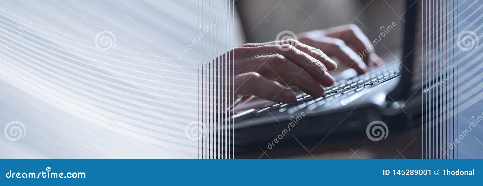 Hands Using a Laptop, Hard Light Effect. Panoramic Banner Stock Image ...