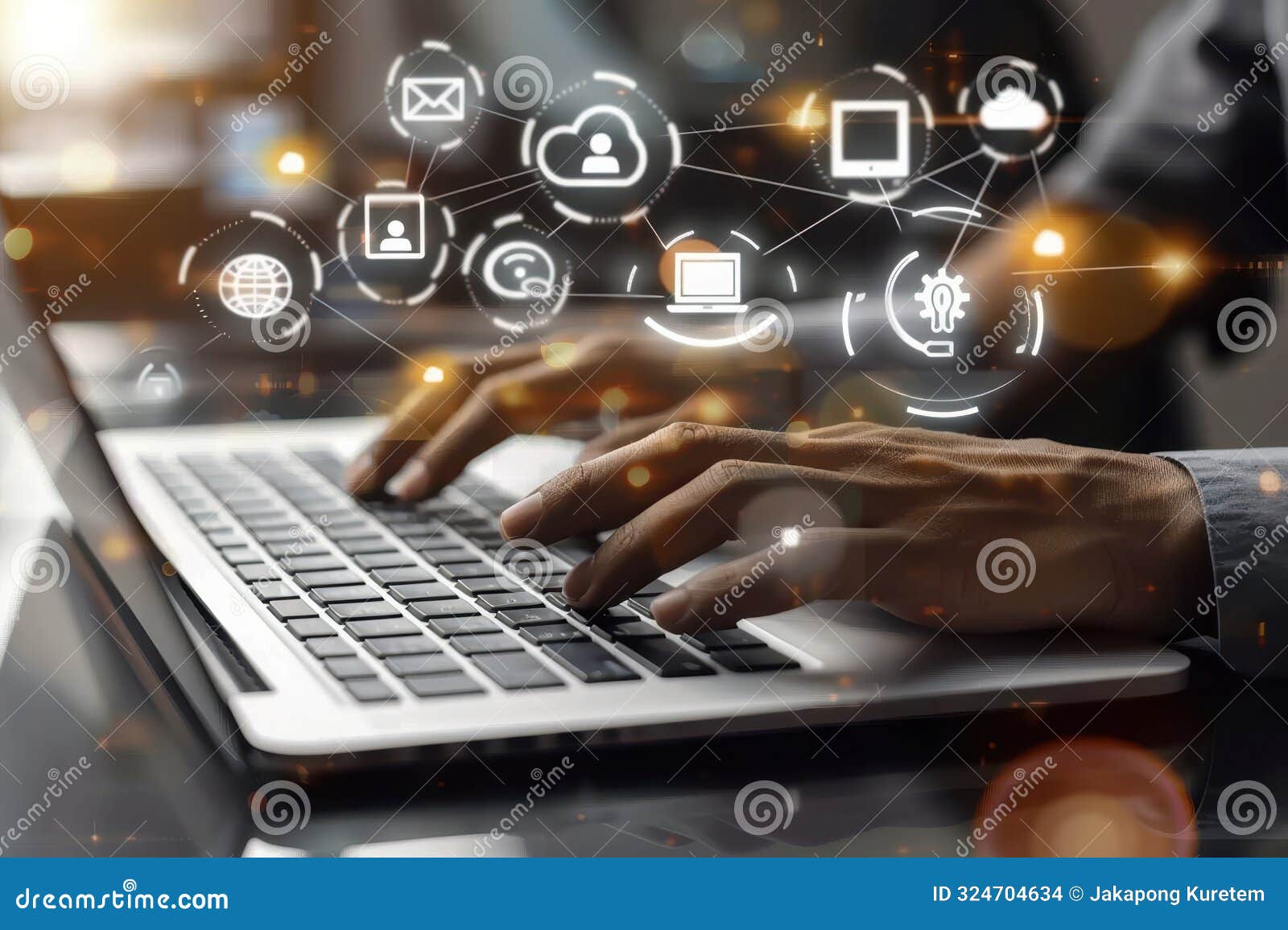 Hands Typing on a Laptop with Holographic Cloud, Security, and Connectivity. Stock Photo - Image ...