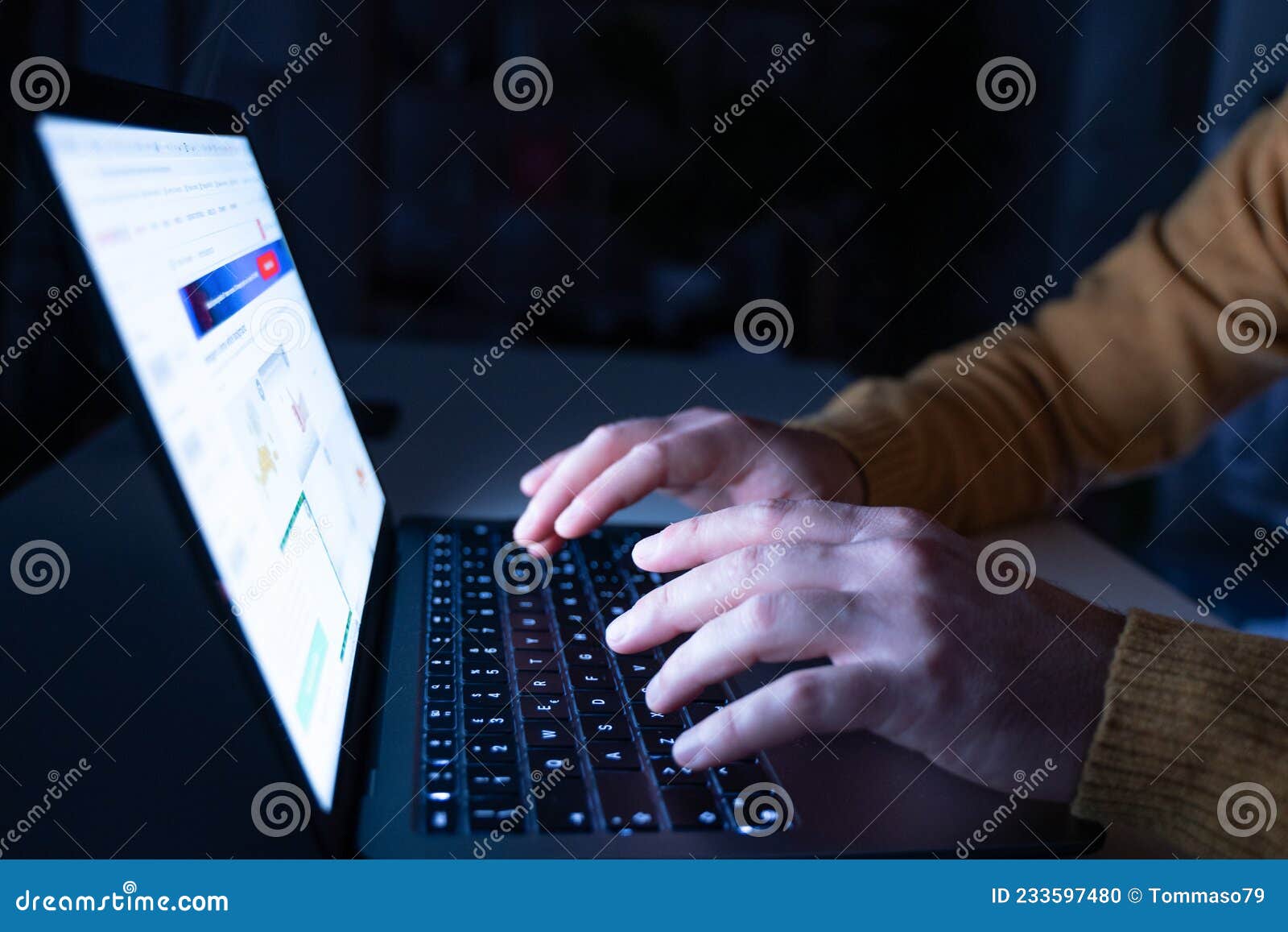 Hands Typing on Laptop Keyboard in the Dark Stock Photo - Image of hack ...