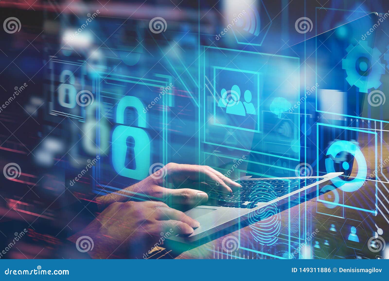 Hands Typing on Laptop, Online Security Interface Stock Photo - Image ...