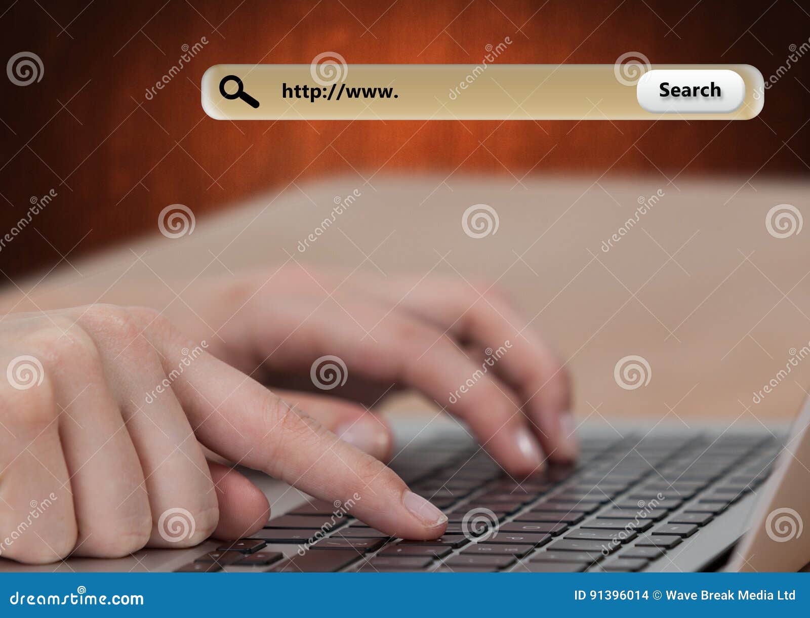 Hands Typing on Laptop with Search Bar with Brown Background Stock ...