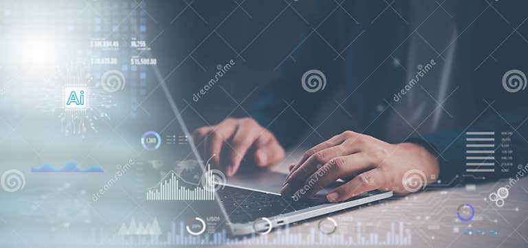 Hands Typing on a Laptop Surrounded by AI-related Data Visuals, Capturing the Essence of Cutting ...