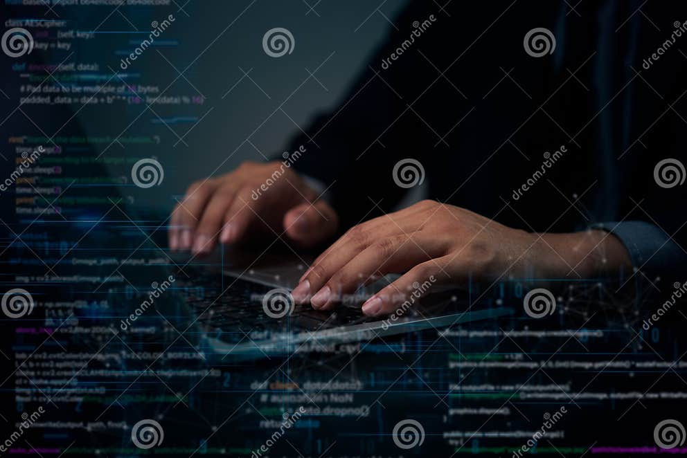 Hands Typing on a Laptop with Visible Coding and Encryption Data, Representing Cybersecurity and ...