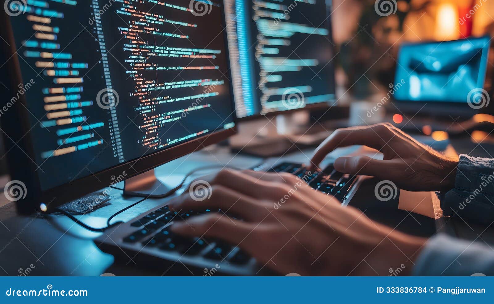 Hands Typing on a Mechanical Keyboard with Multiple Code Windows Open, Software Development ...