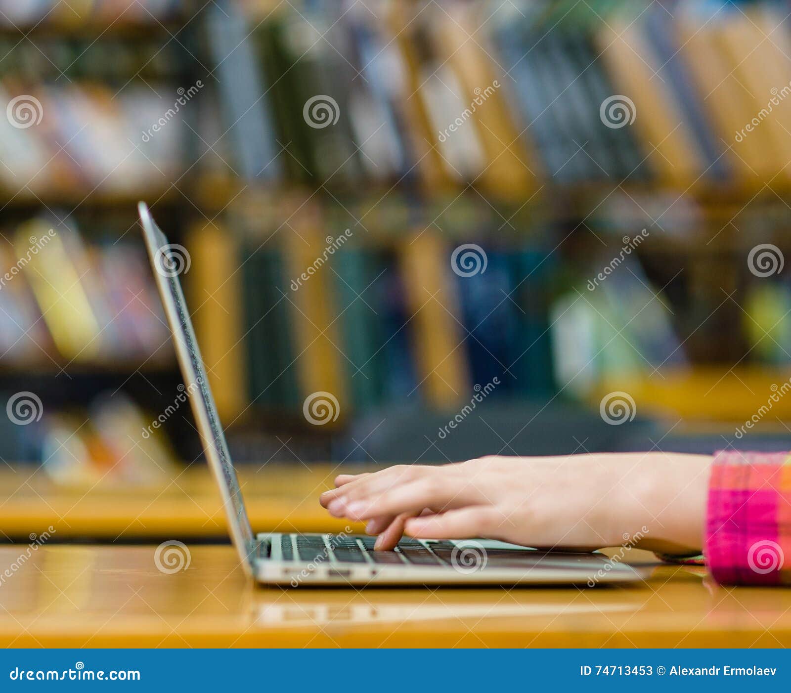 Hands Typing on Notebook in Library Stock Image - Image of finger ...