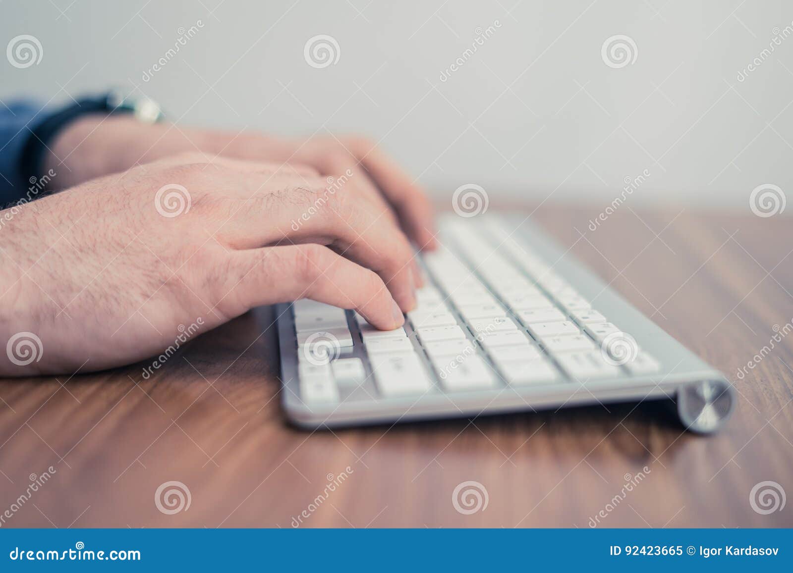 Hands Typing on Wireless Keyboard on Wooden Table Stock Image - Image ...