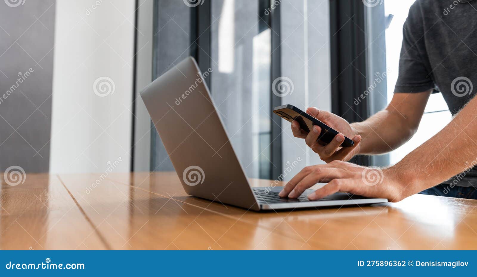 Man Hands with Smartphone and Laptop Stock Photo - Image of network ...