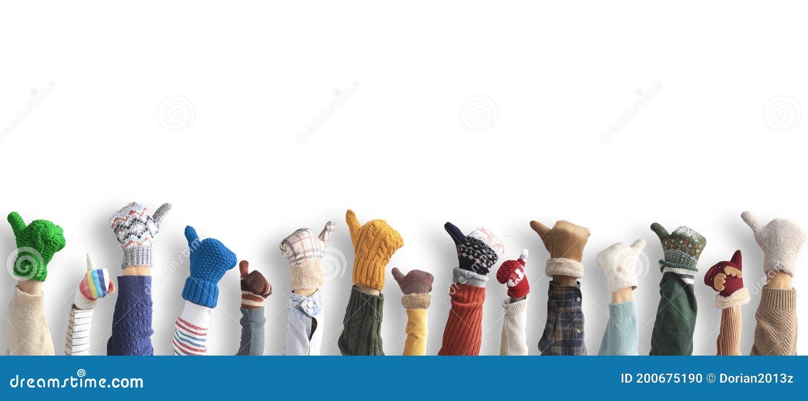 Hands Up Up in the Different Mittens. Stock Photo - Image of background ...