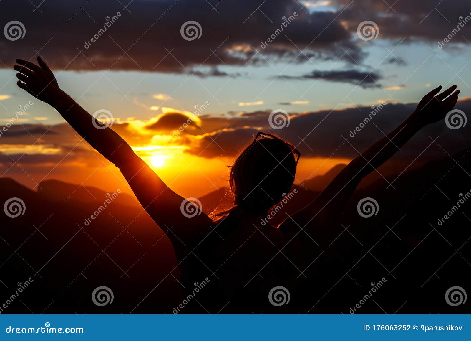 Hands-up Girl on Sunset Background Editorial Photography - Image of ...