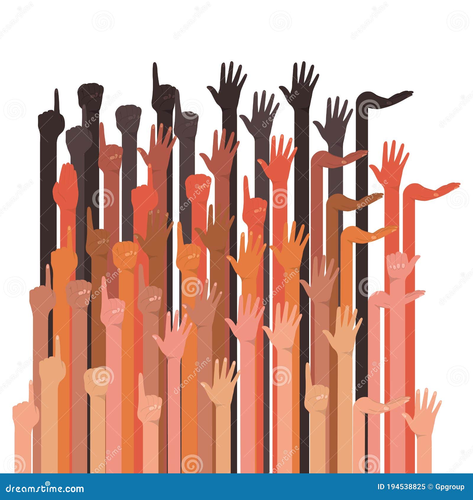 Hands Up Group Of Different Types Of Skins Vector Design ...