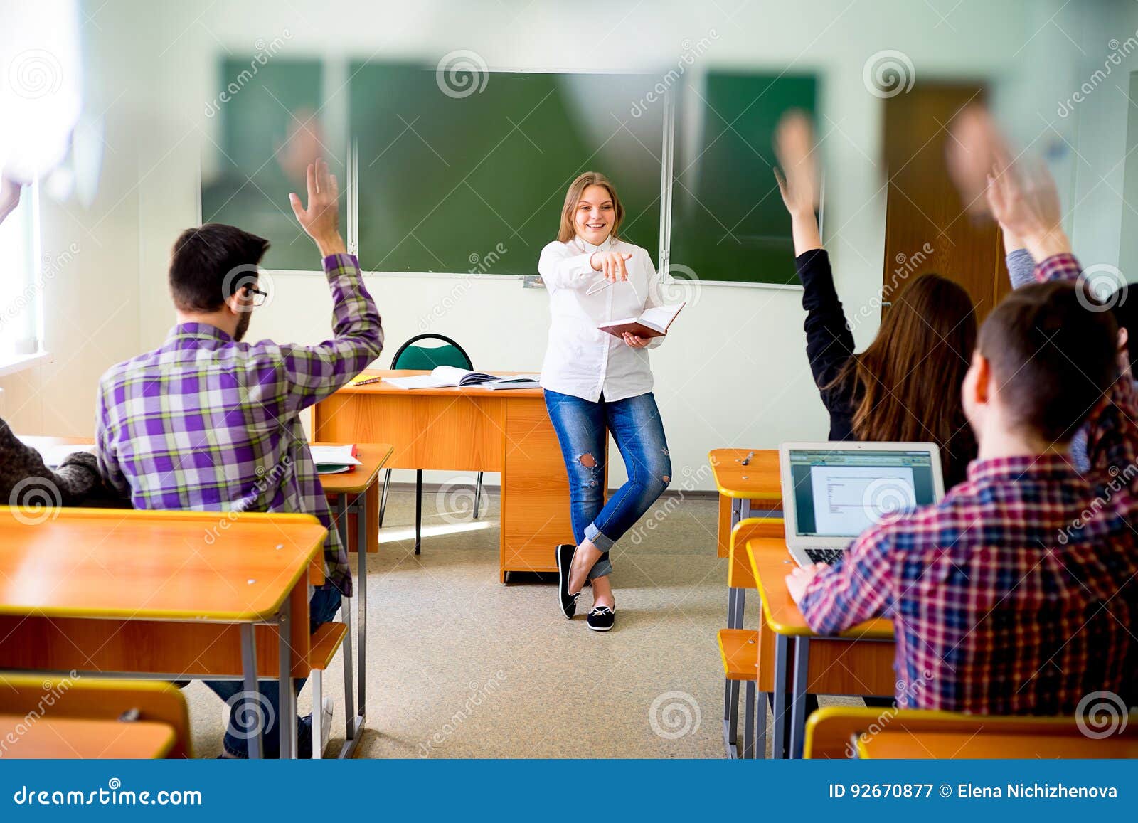 Hands up on lesson stock image. Image of girl, answer - 92670877