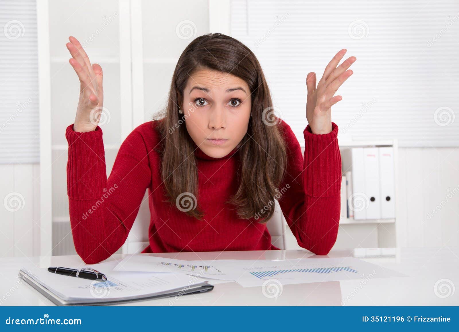 Hands Up - Young Businesswoman Has Concentration Problems at Stu Stock ...