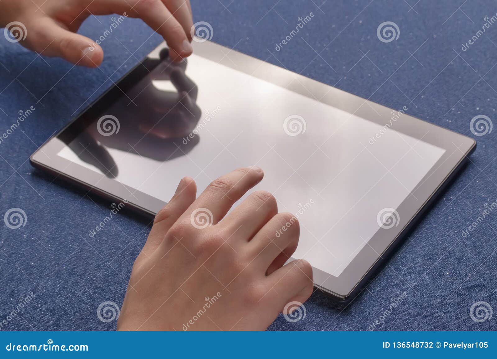 Hands Use Black Tablet on Blue Stock Photo - Image of notebook, finger ...