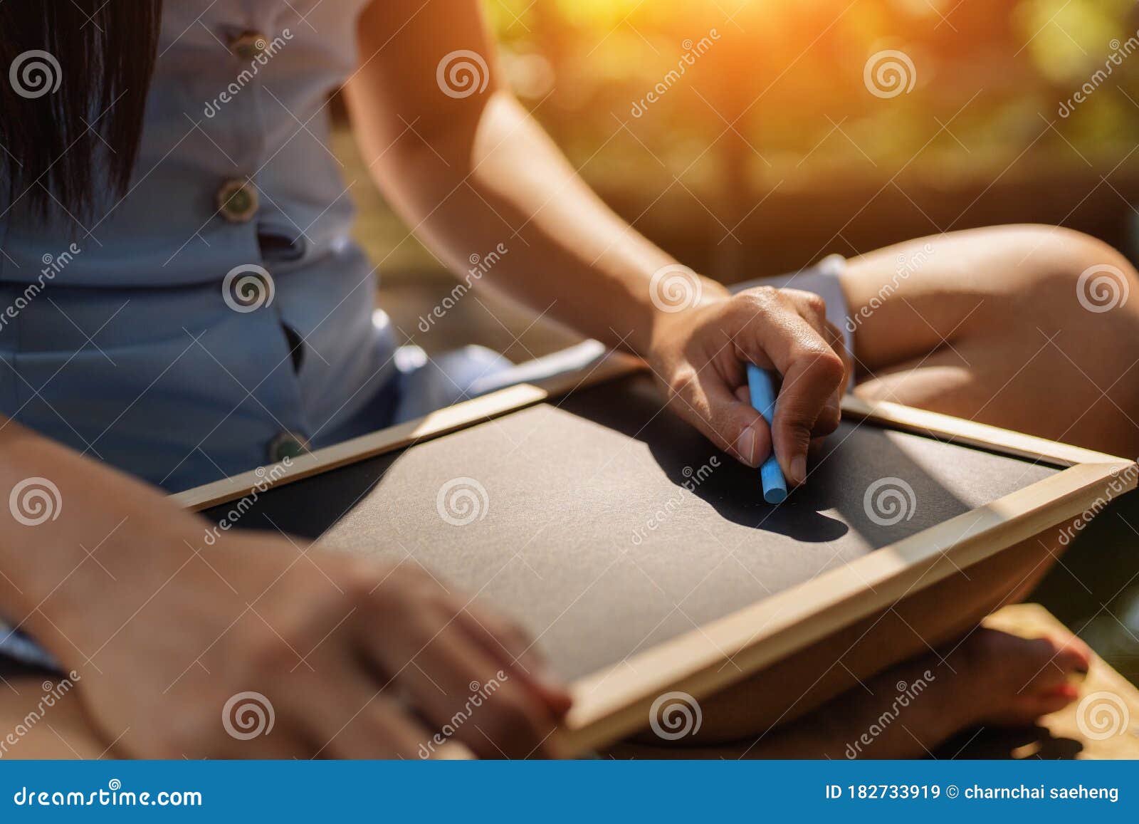Hands Use Chalk for Drawing, Writing Balckboard in the Parks. Education ...