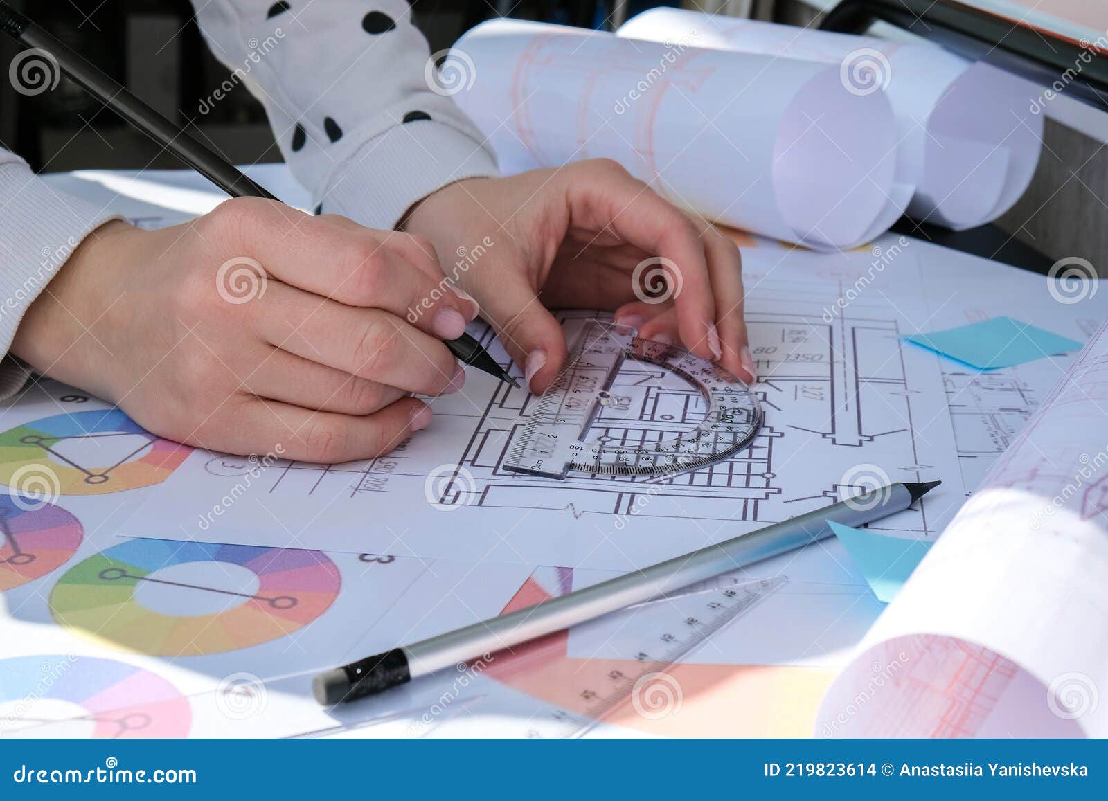 Hands Use Pencil with a Protractor. Architectural Project Drawings with ...