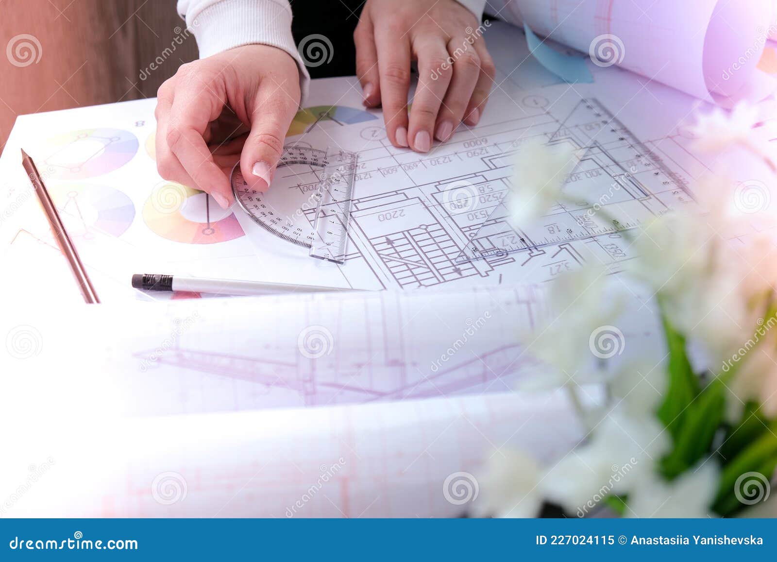 Hands Use Pencil with a Protractor. Architectural Project Drawings with ...