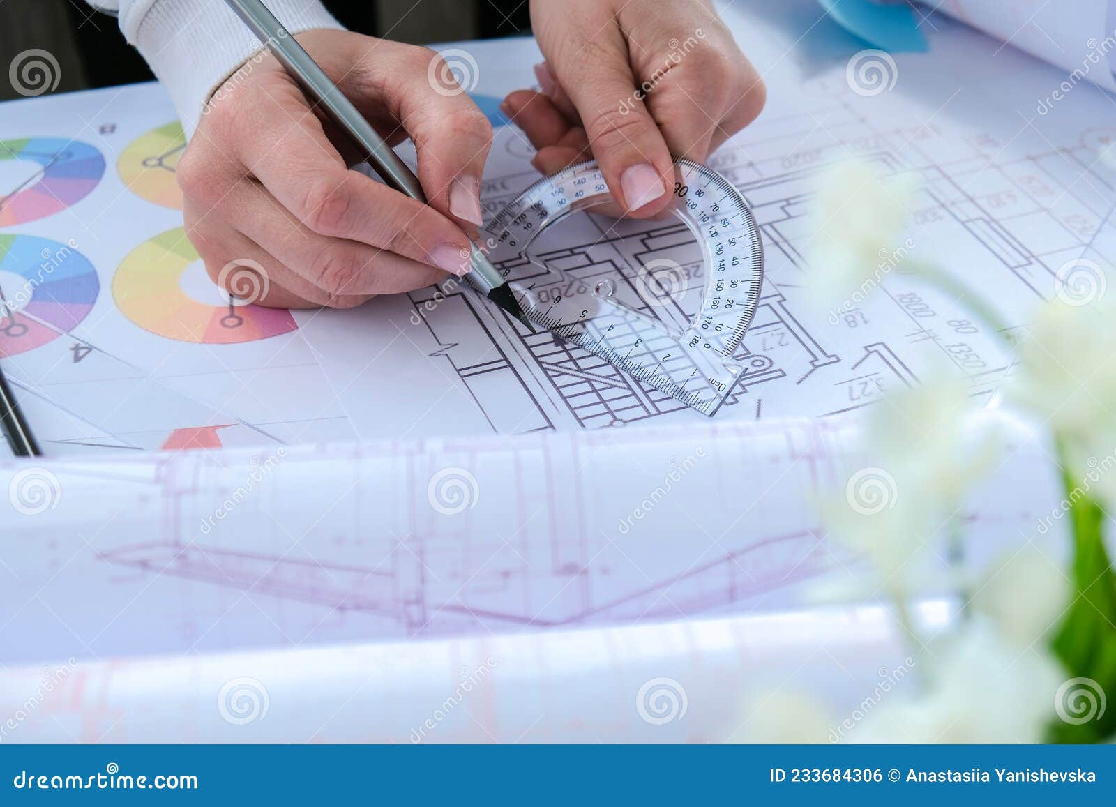 Hands Use Pencil with a Protractor. Architectural Project Drawings with ...