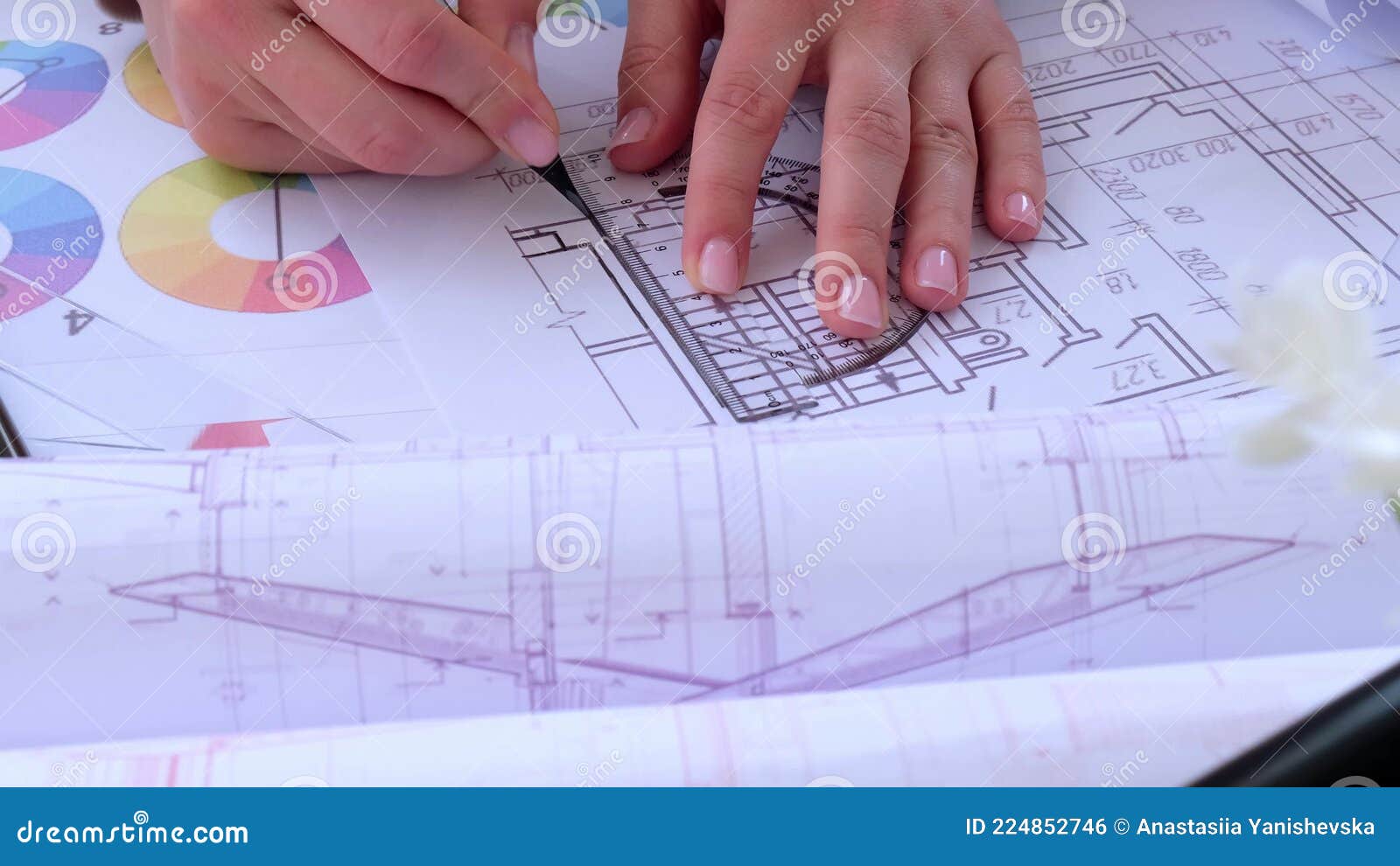 Hands Use Pencil with a Protractor. Architectural Project Drawings with ...