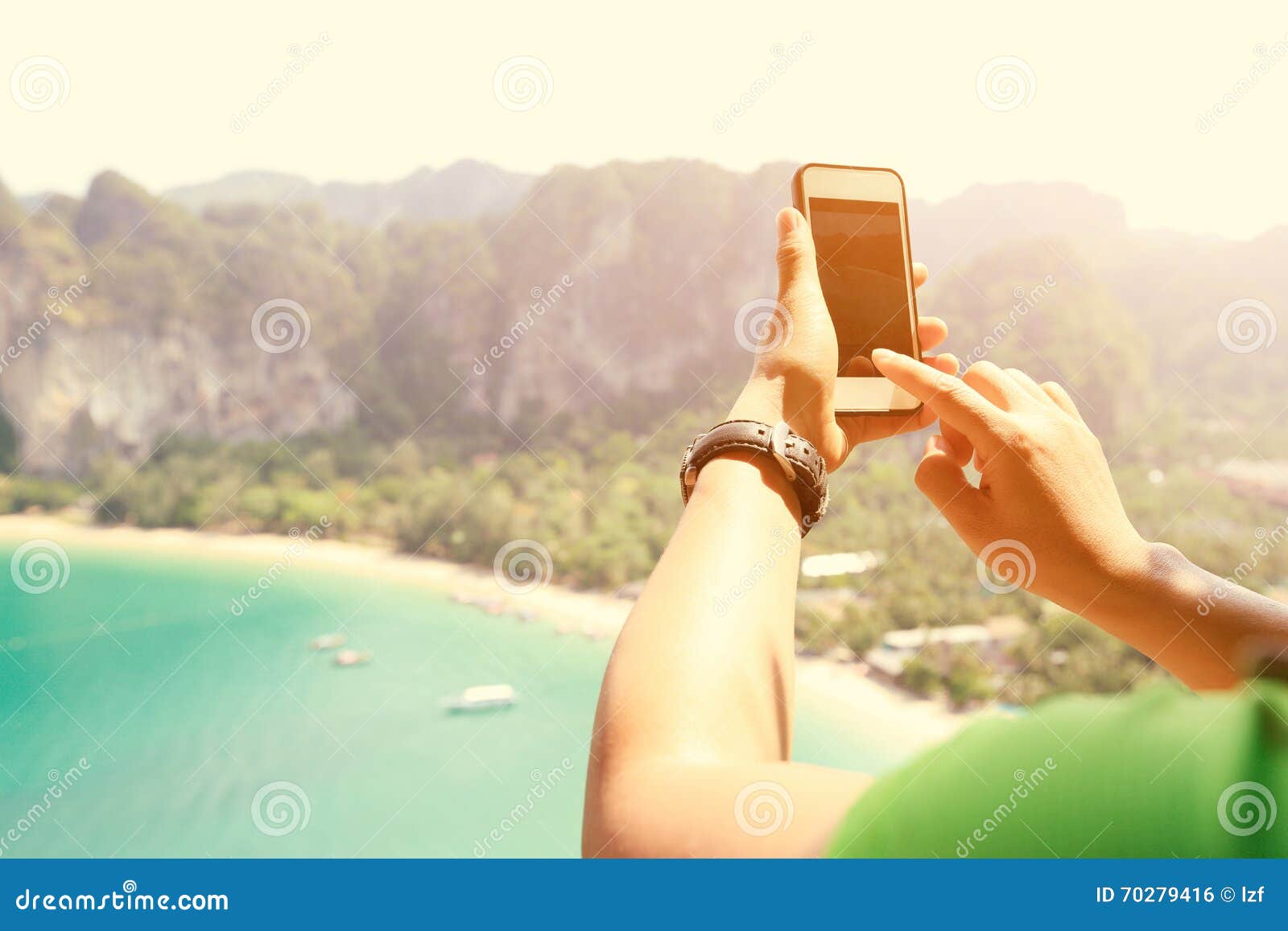 Hands Use Smartphone Outdoor Stock Photo - Image of hiking, hold: 70279416