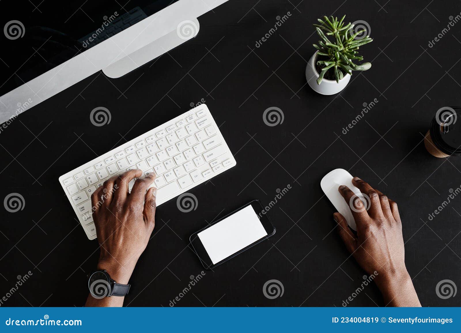 Hands Using Computer on Black Stock Image - Image of working, desk ...