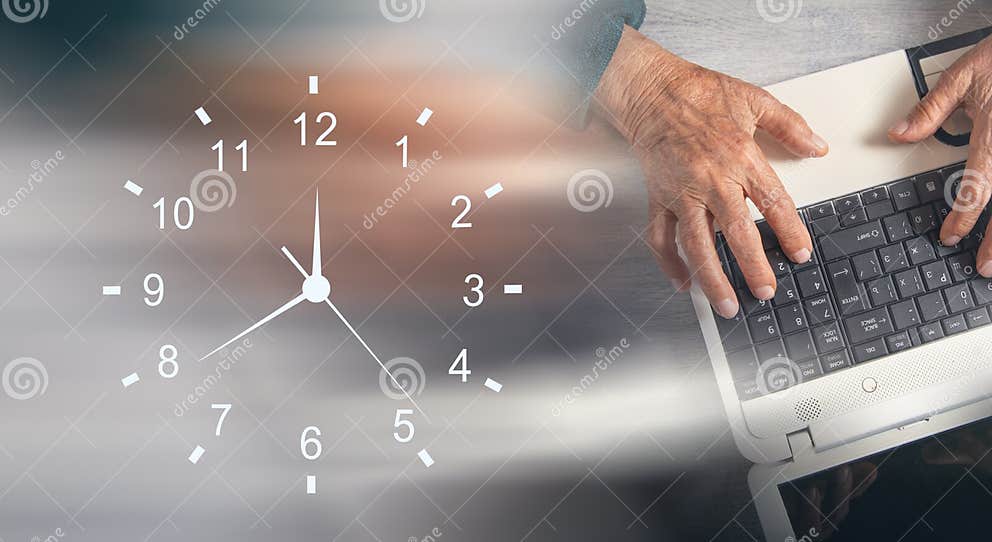 Hands Using Computer with Clock Icon. Time Management Stock Image ...