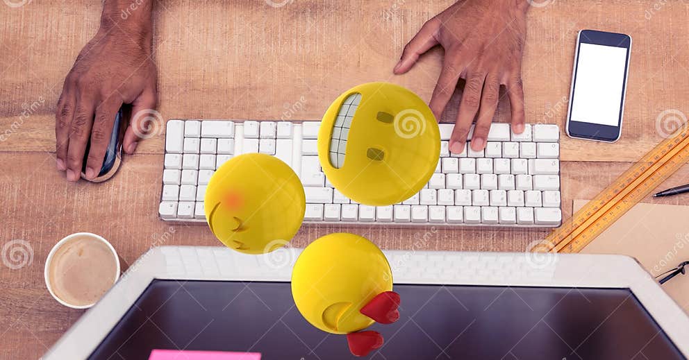 Hands Using Computer while Emojis Coming Out of it Stock Illustration ...