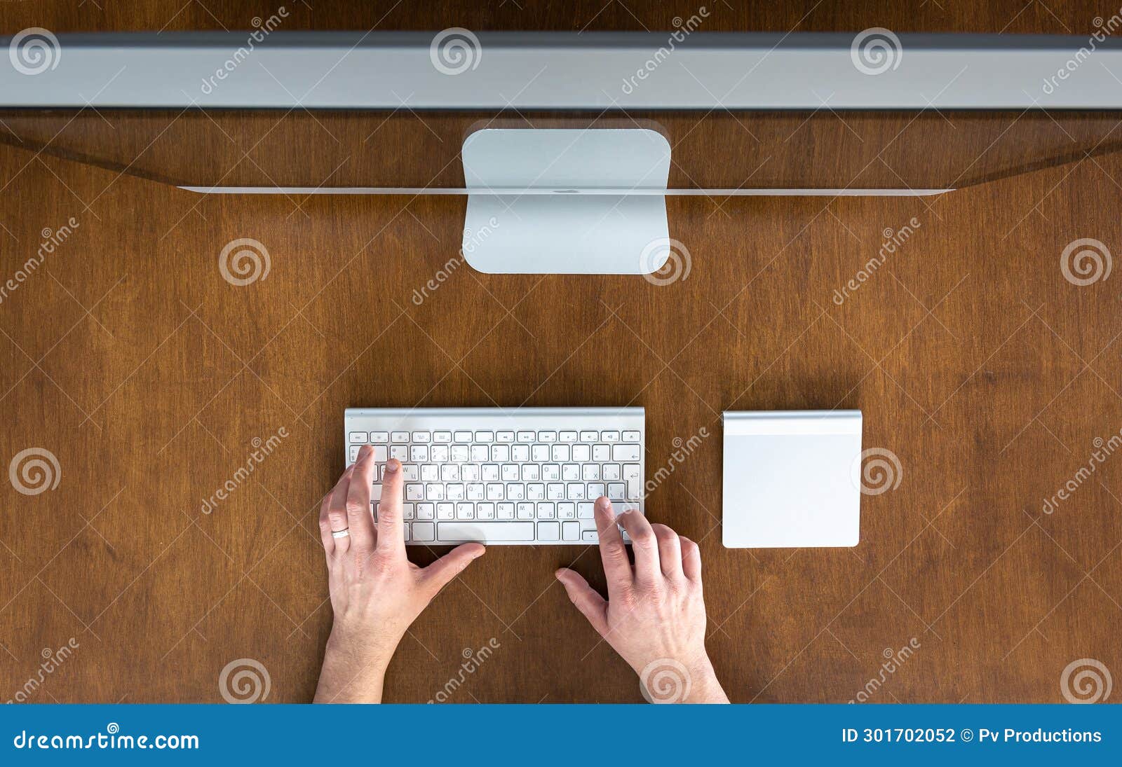 Hands Using a Computer while Sitting at the Table, Top View. Stock ...