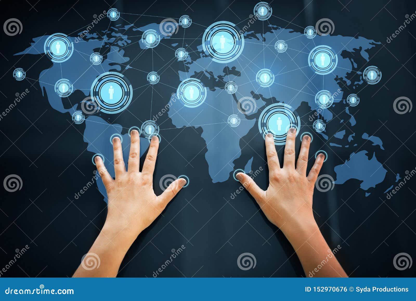Hands Using Interactive Panel with Network Icons Stock Photo - Image of ...