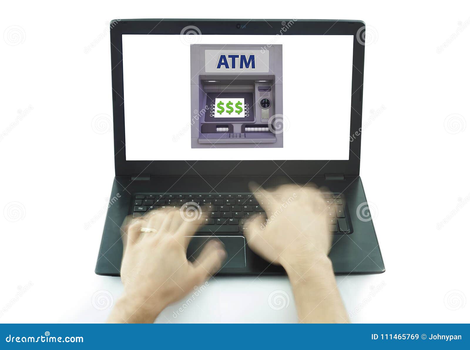 Hands Using Laptop Computer and ATM with Dollar Sign Isolated Stock ...