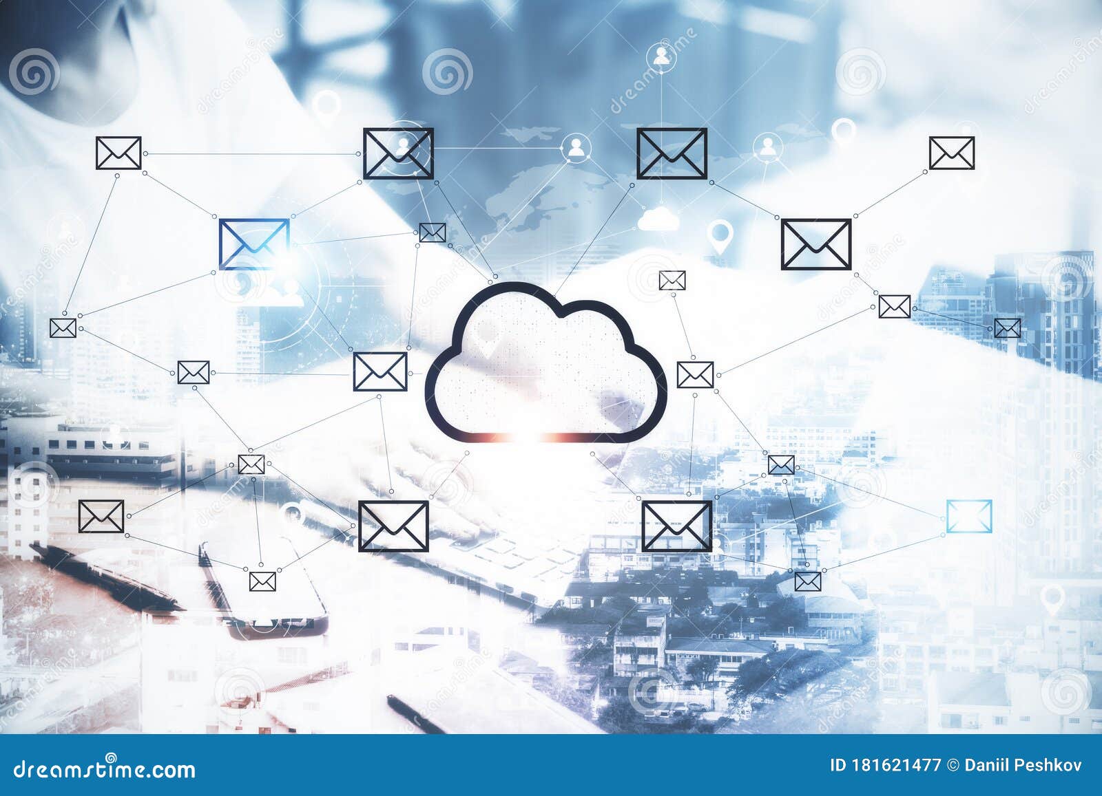 Hands Using Laptop with Creative Glowing Cloud Email Map Hologram Stock ...