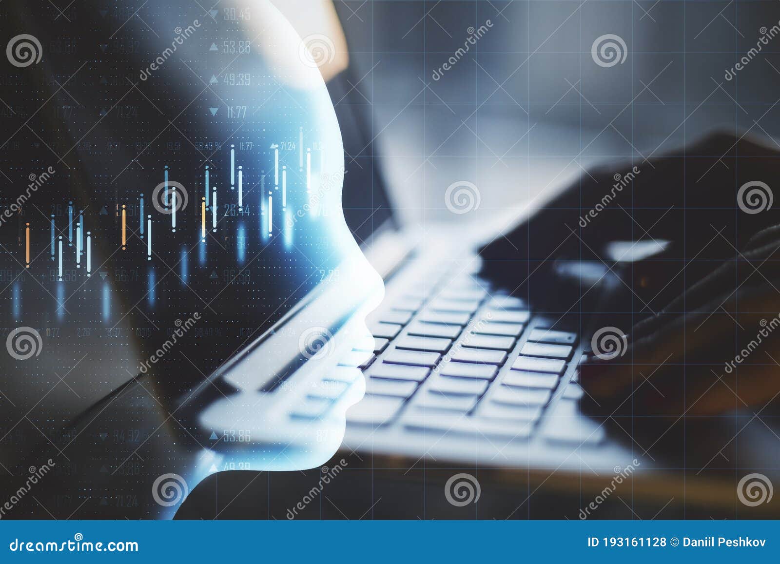 Hands Using Laptop with Glowing Head Outline with Forex Chart Interface ...