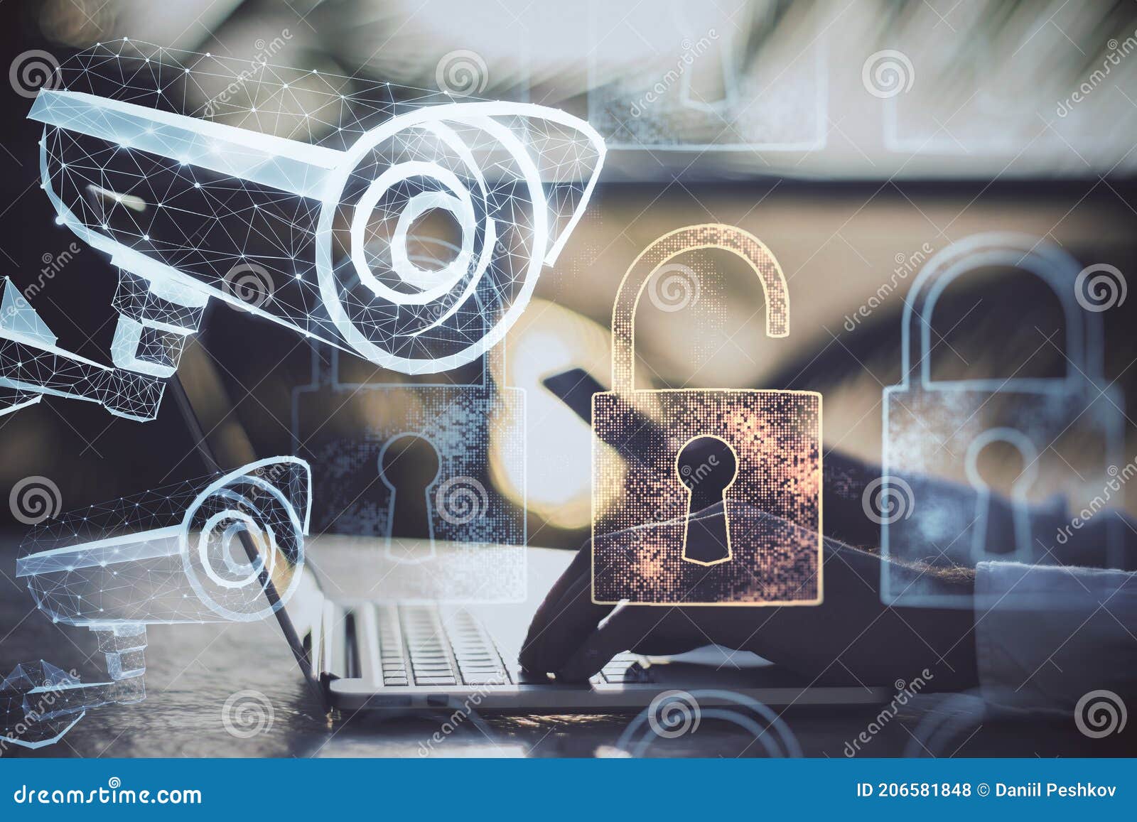 Hands Using Laptop with Polygonal Security Camera and Lock Icons Stock ...