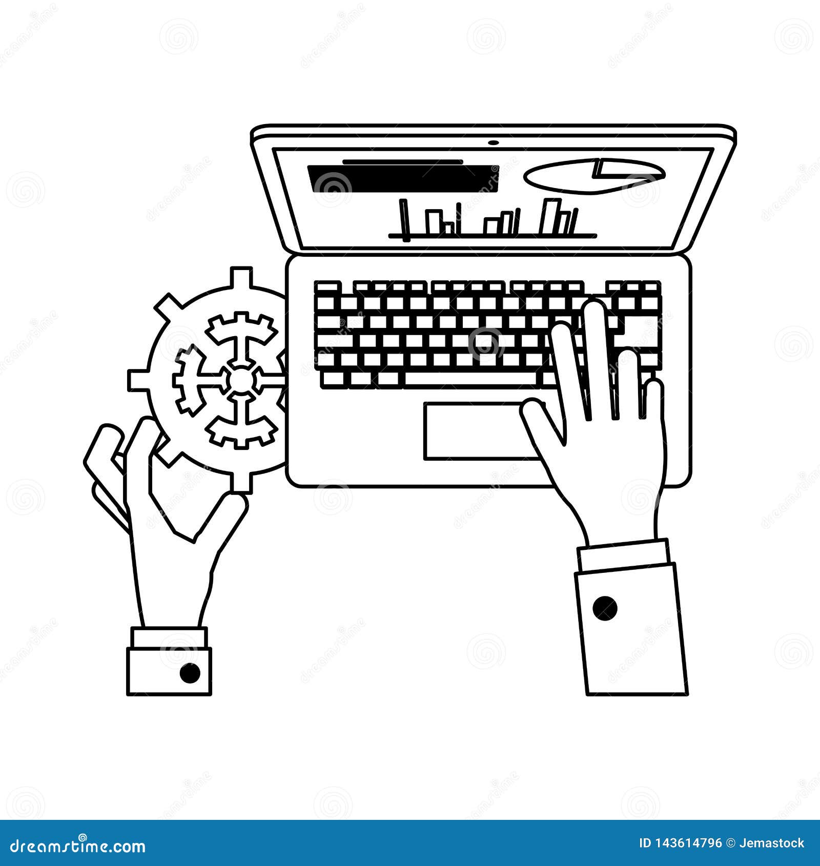 Hands Using Laptop for Work Black and White Stock Vector - Illustration ...