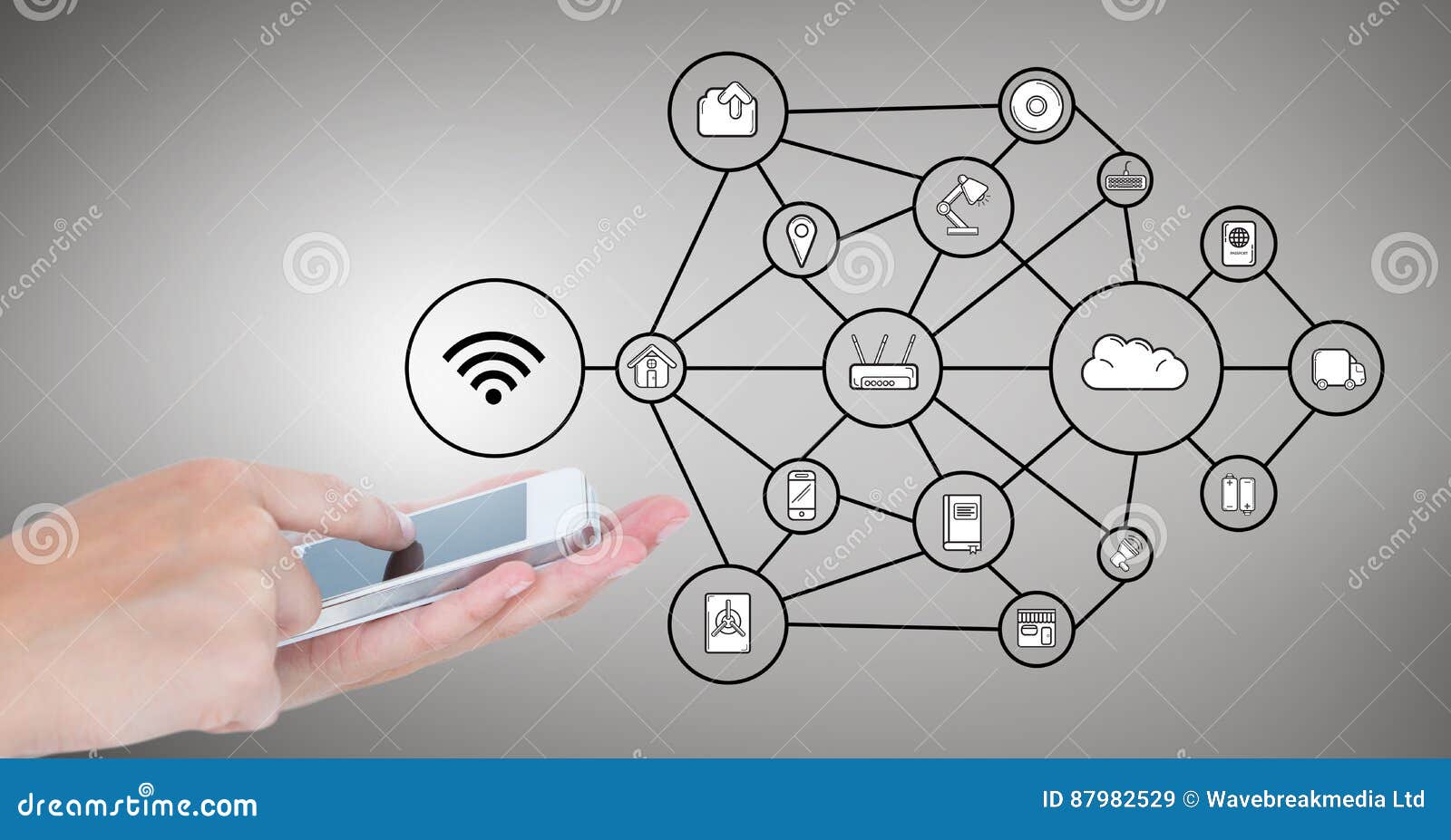 Hands Using Mobile Phone and Network Connecting Icons Against Grey ...