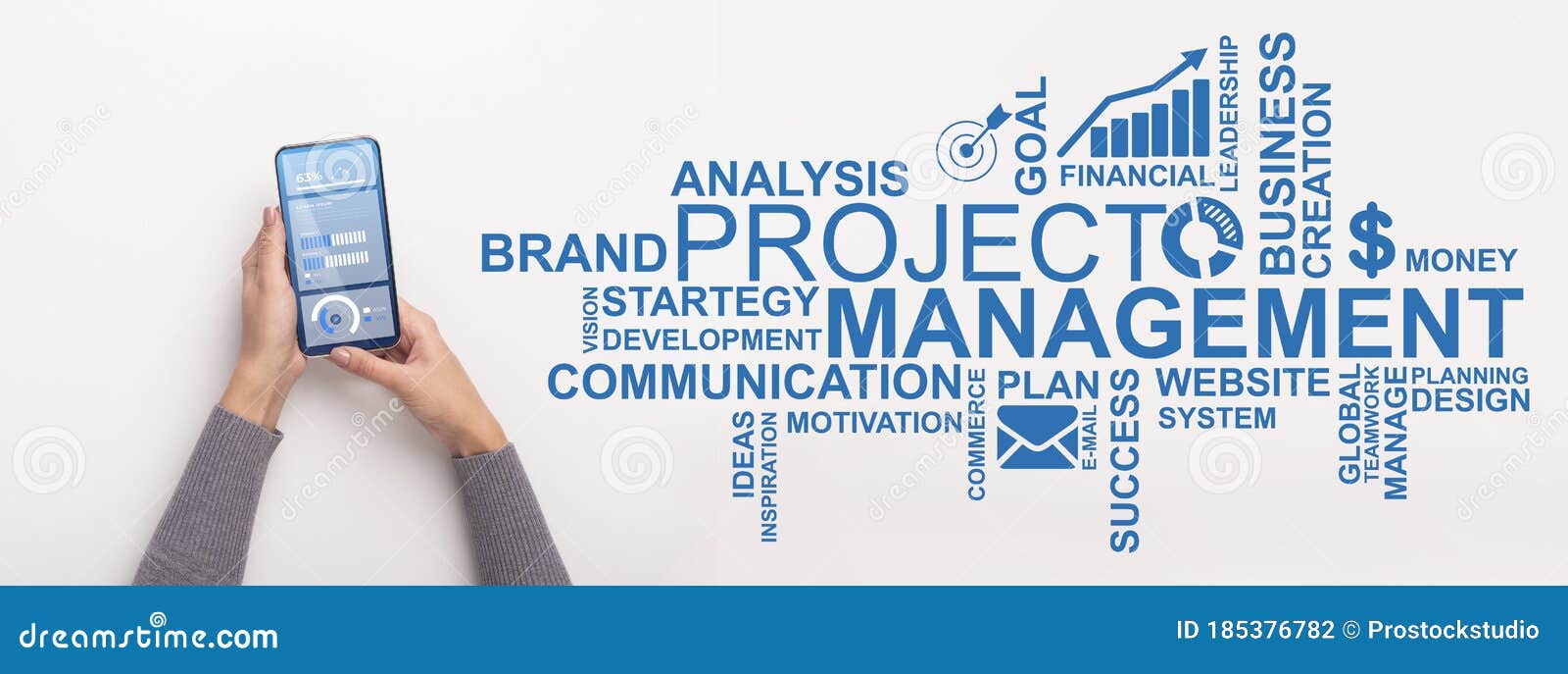 Hands Using Mobile Phone, Project Management Inscription Over White ...