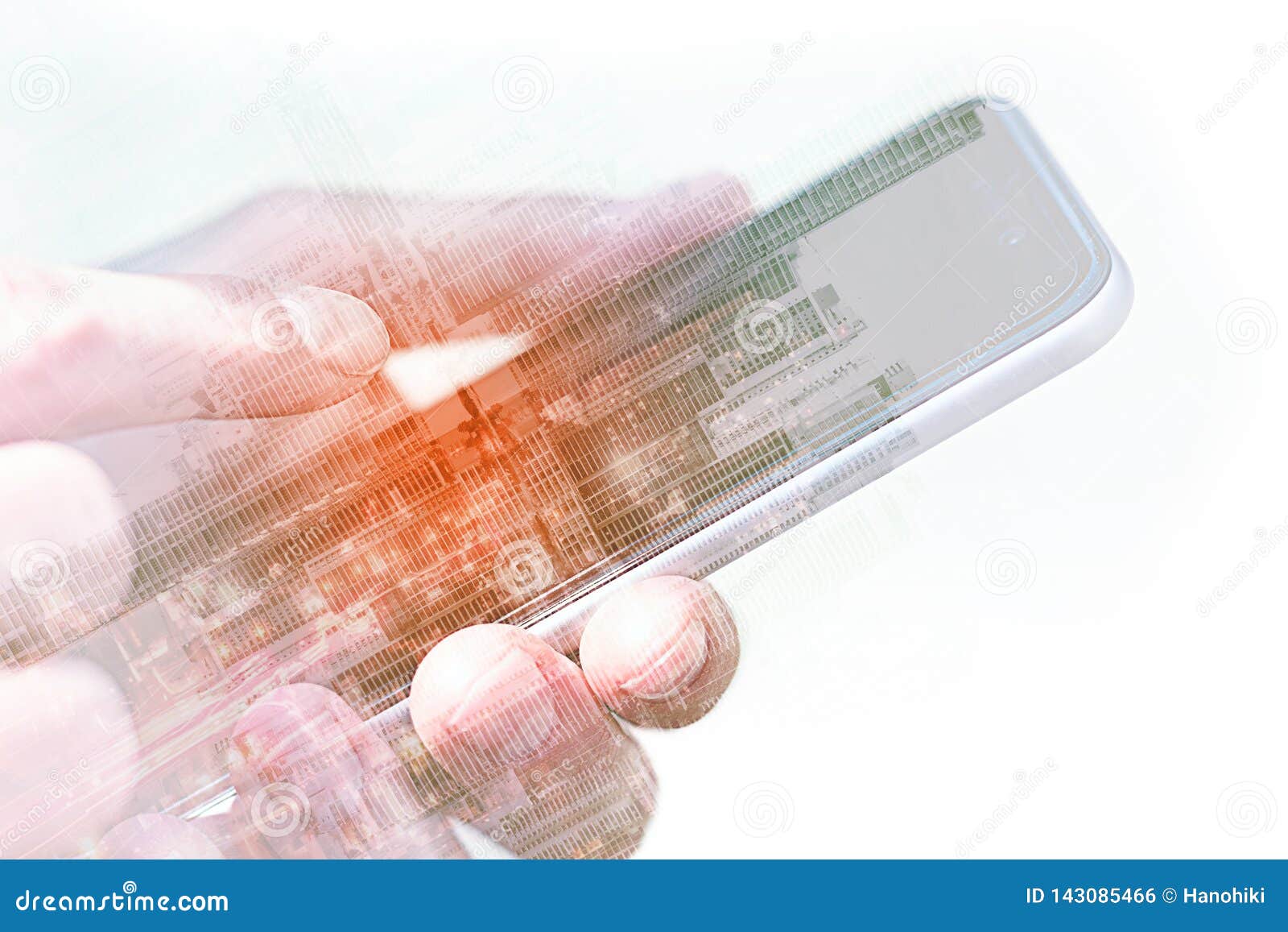 Hands Using Mobile Phone / Smartphone Closeup with City Skyline Double ...