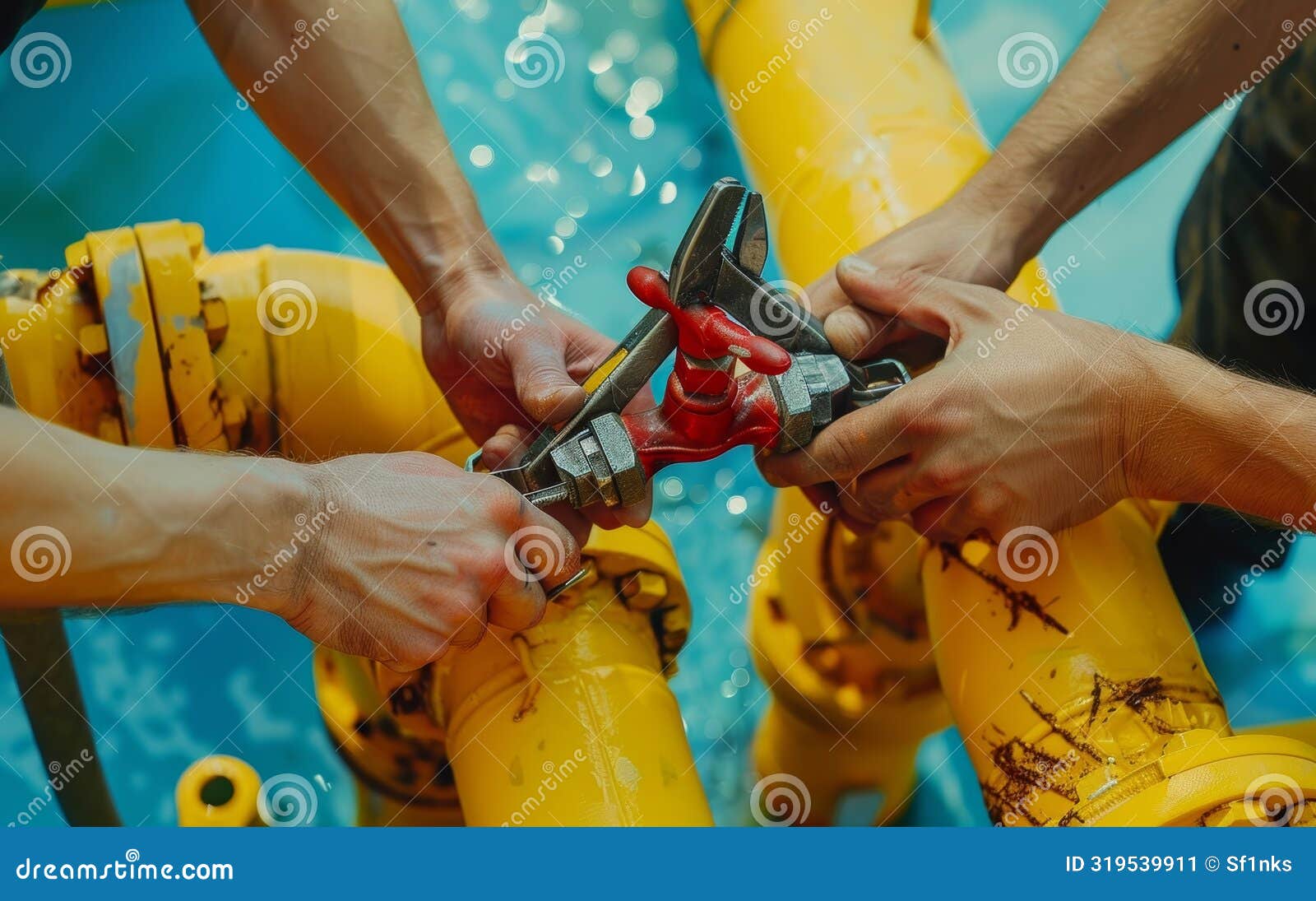 Hands Using a Red Pipe Wrench To Tighten a Yellow Pipe, Demonstrating ...