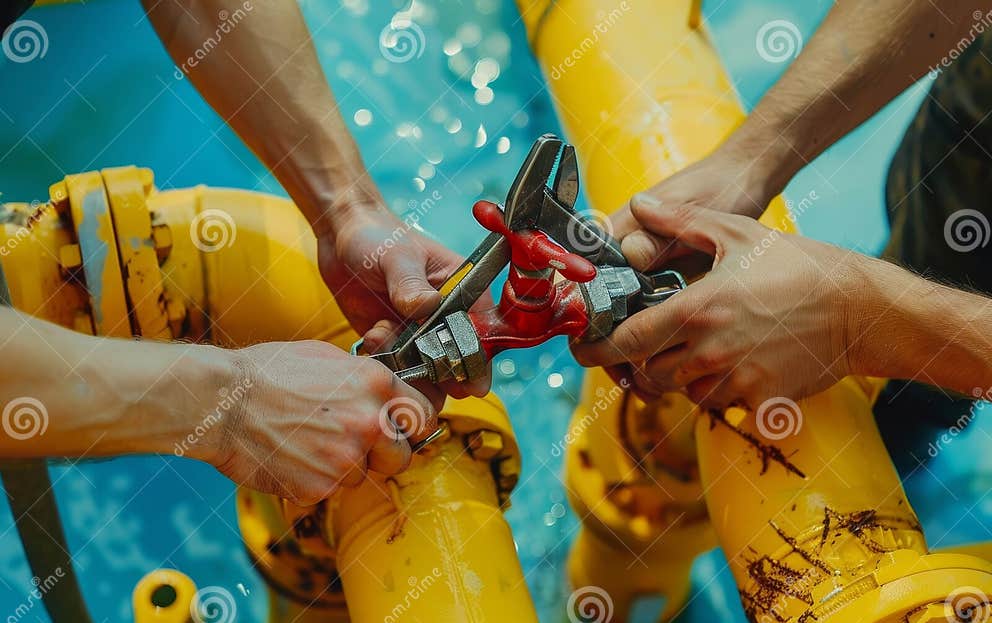 Hands Using a Red Pipe Wrench To Tighten a Yellow Pipe, Demonstrating ...