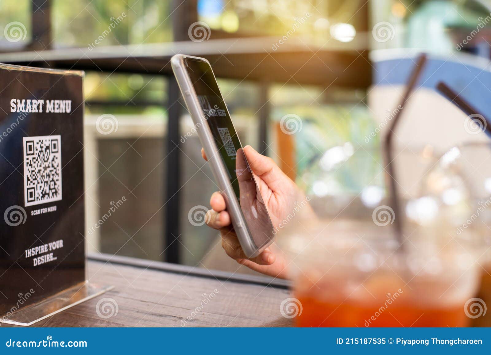 Hands Using Smart Phone Scan QR Code on Smart Menu Online To Select ...